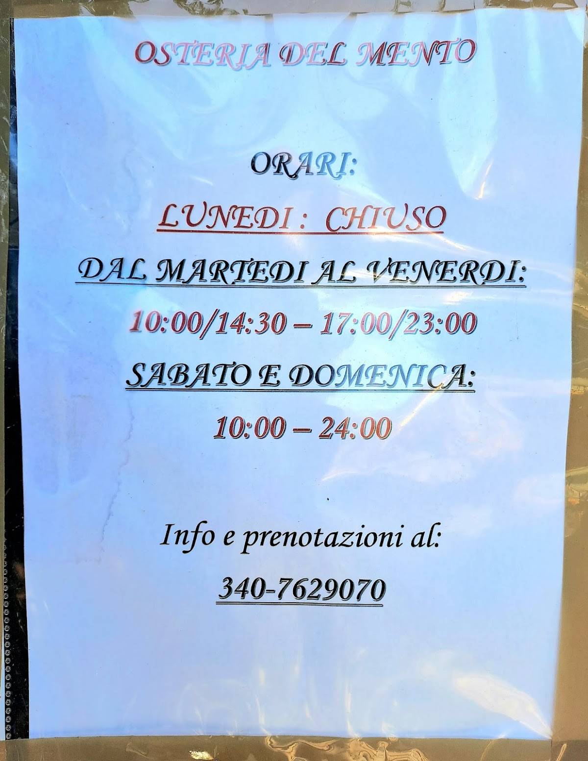 Menu da Osteria del Mento ristorante, Cremona