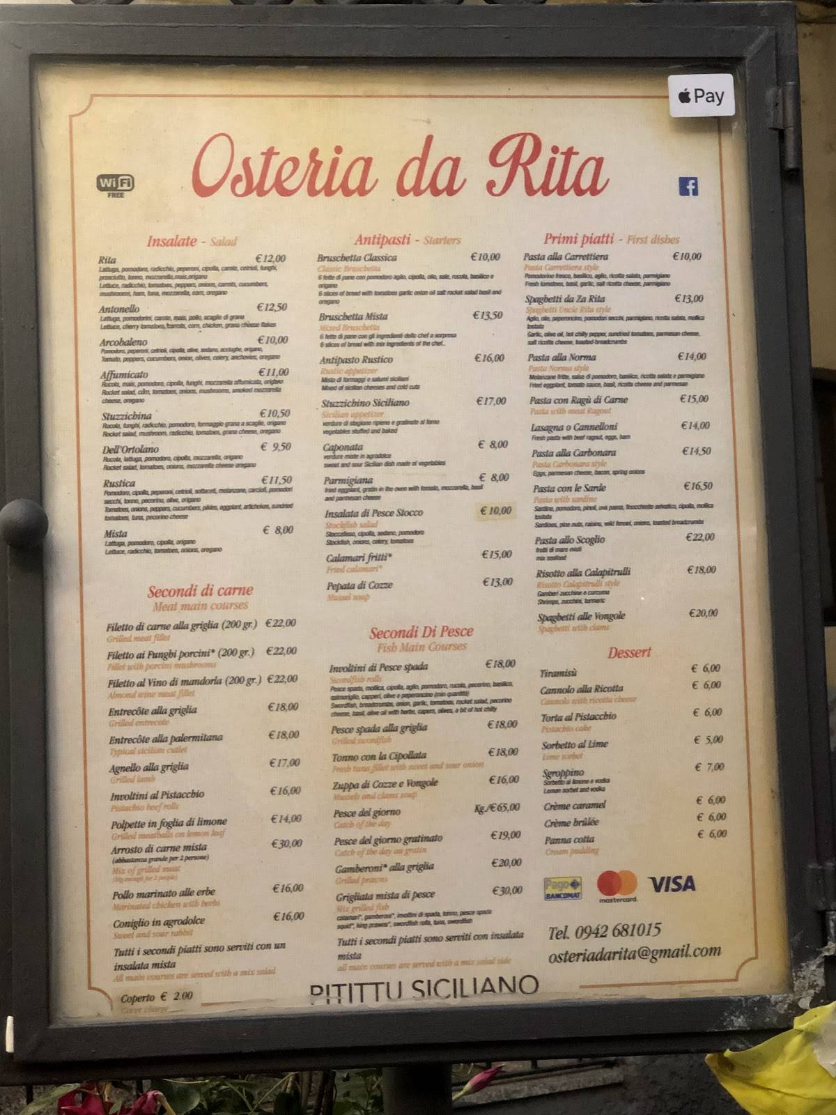 Menu at Osteria da Rita (dal 1991) restaurant, Taormina