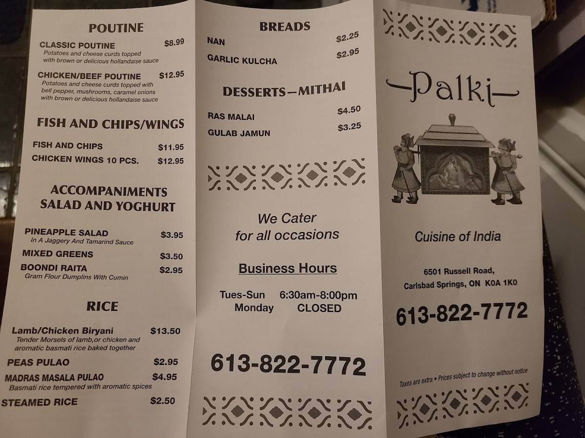 Menu at Palki Cuisine of India restaurant, Ottawa, Russell Rd