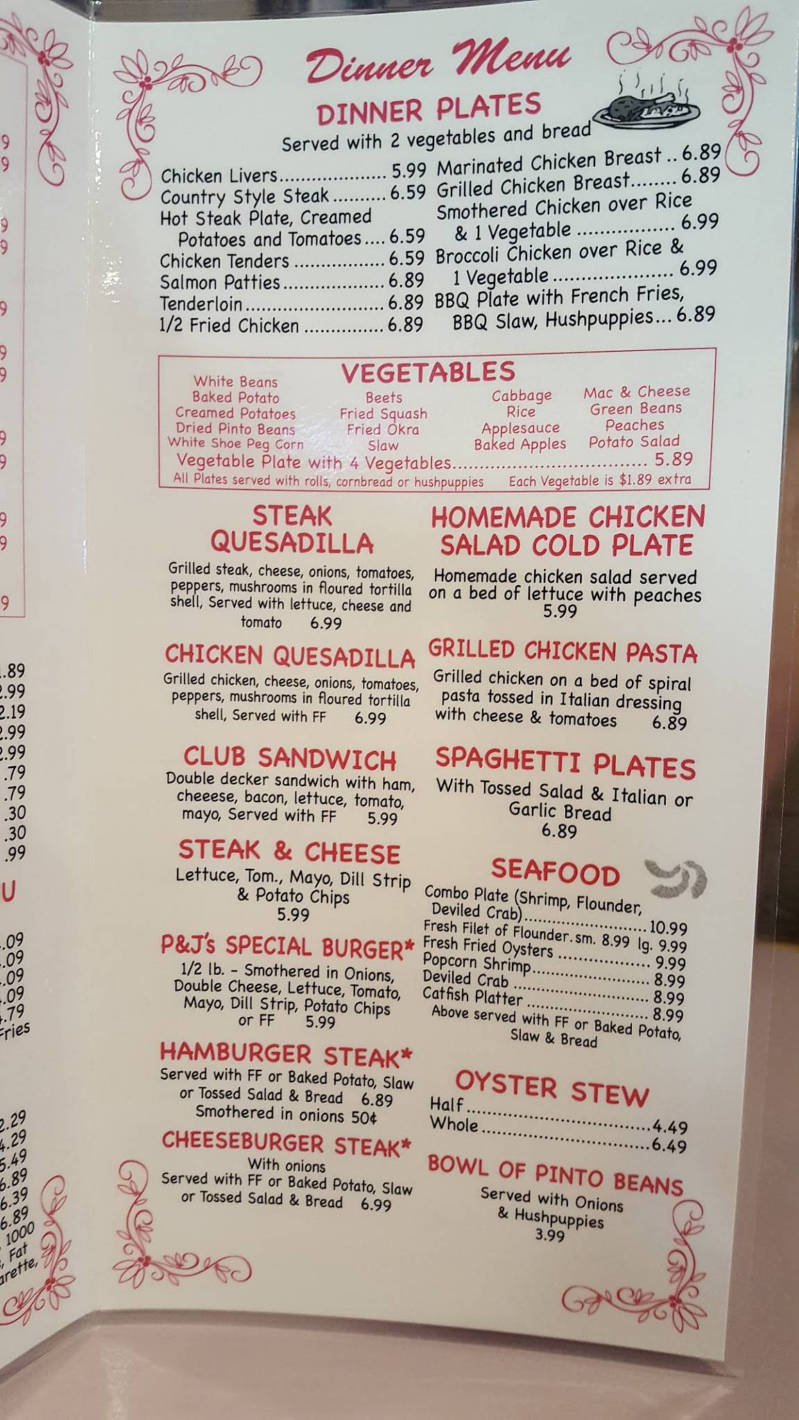 Menu at P & J's Diner restaurant, Asheboro