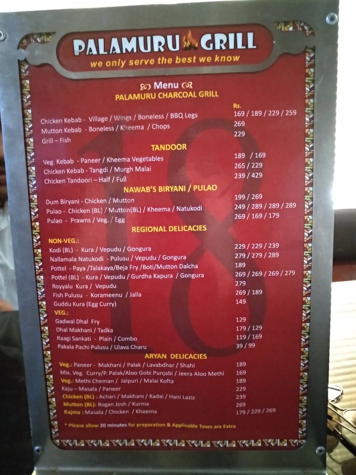 Menu at Palamuru Grill Restaurant, Hanamkonda