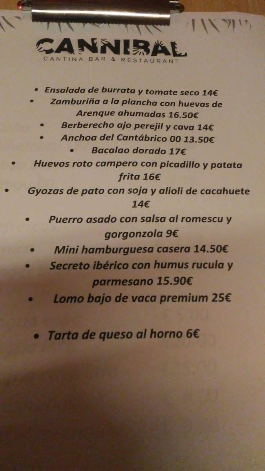 Menu at Cannibal cantina bistro restaurant, Palma