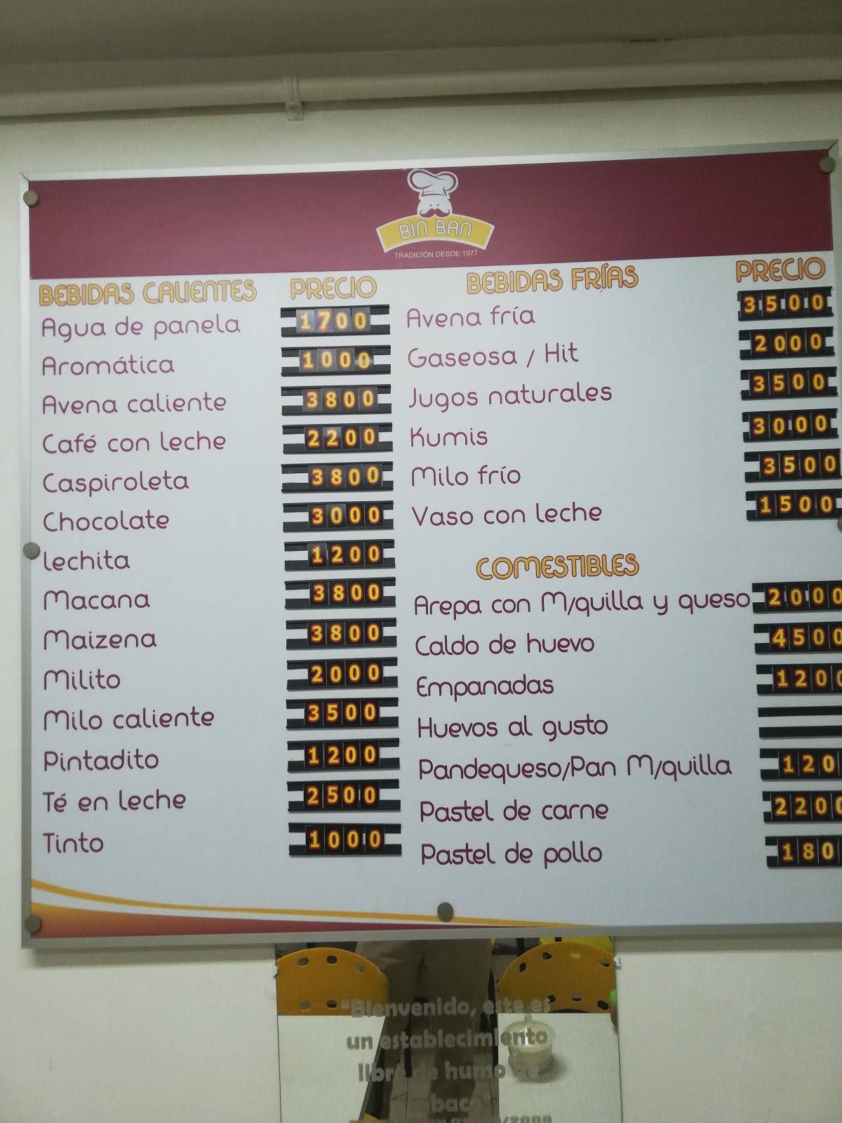 Menu at Panaderia Bin Ban restaurant, Manizales