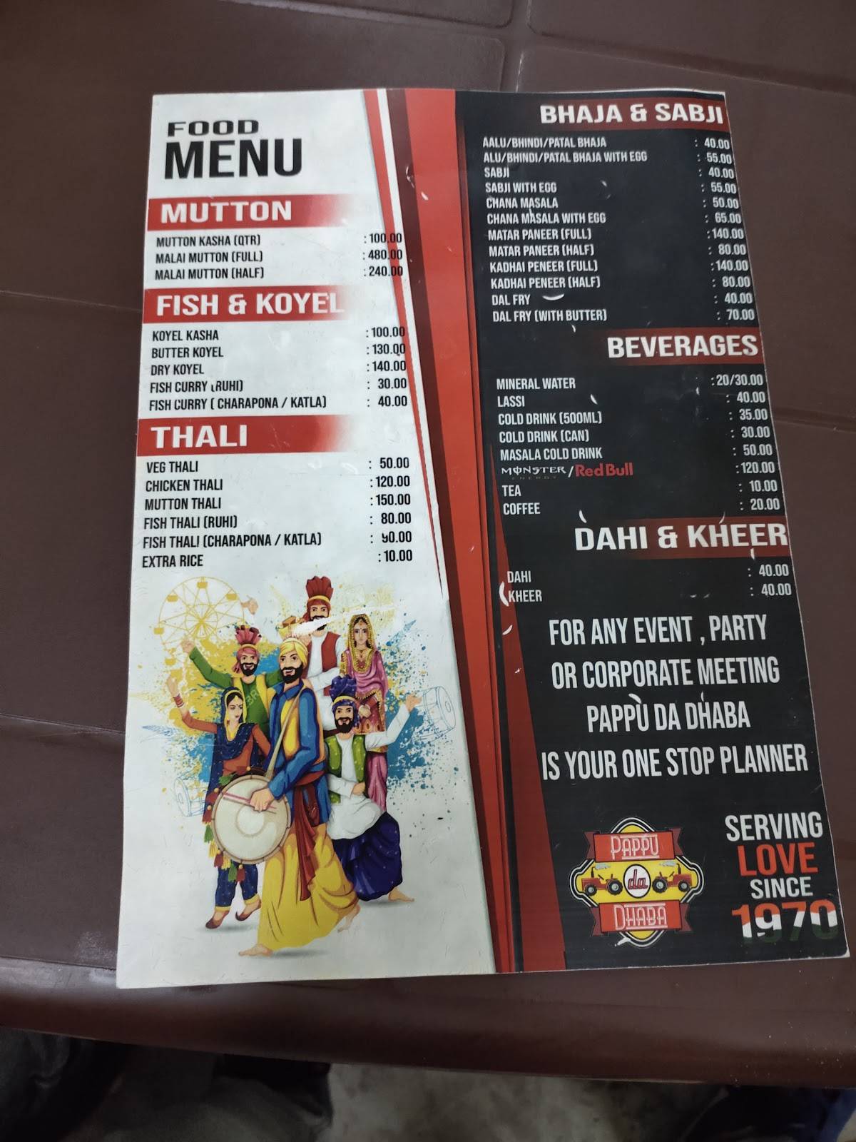 Menu at Pappu Da Dhaba, India, Dakshingram Palsanda