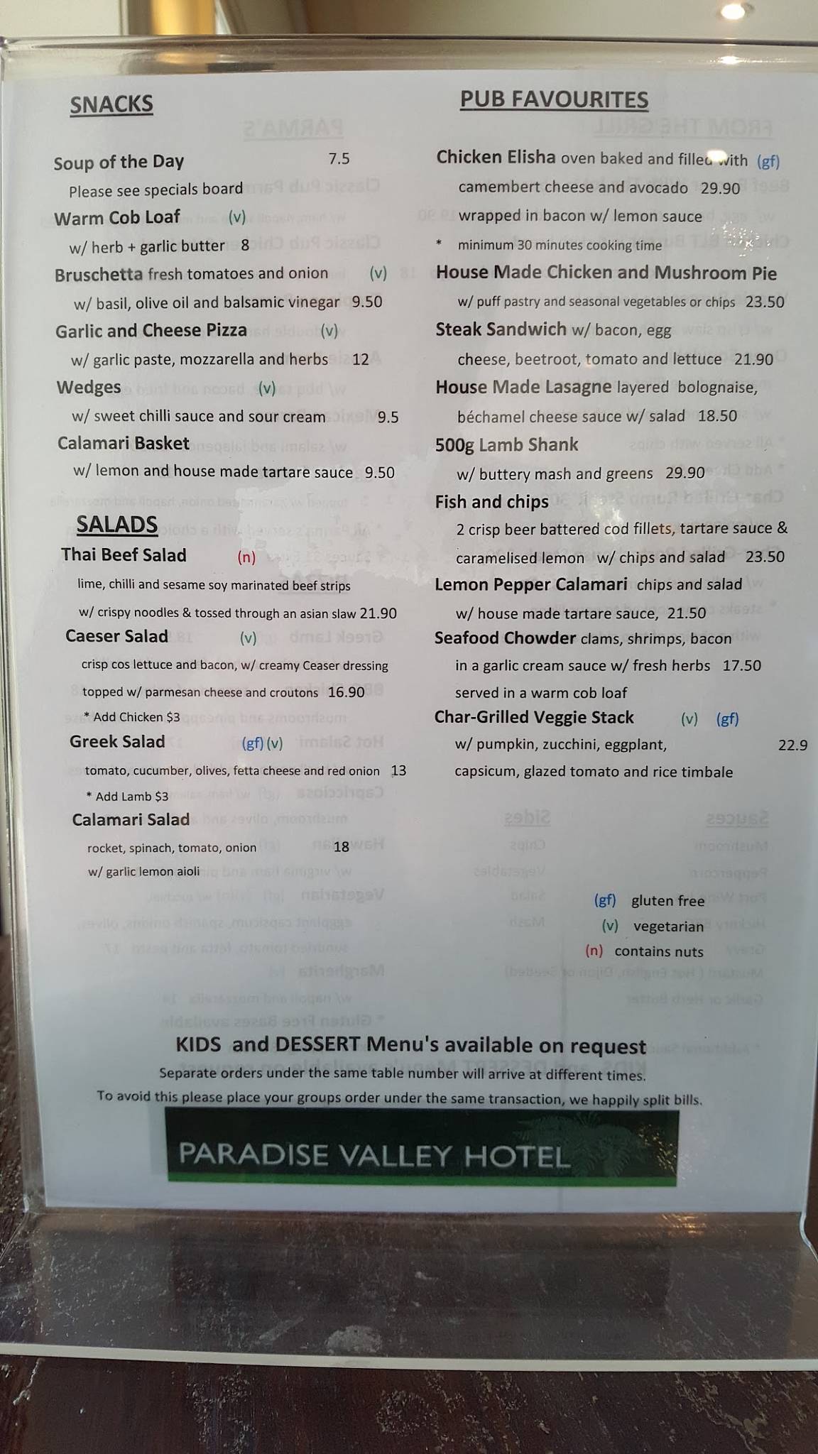 Menu at Paradise Valley Hotel steakhouse, Clematis