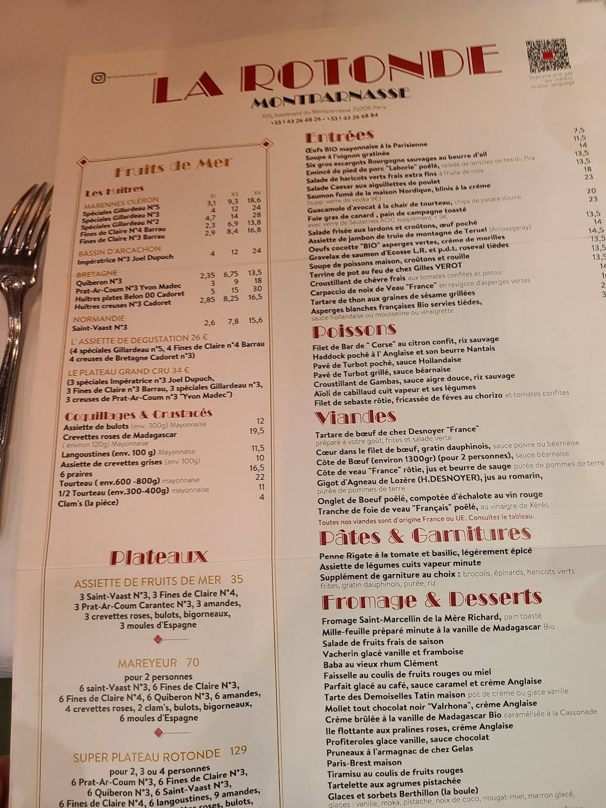 Menu au La Rotonde restaurant, Paris, 105 Boulevard du Montparnasse
