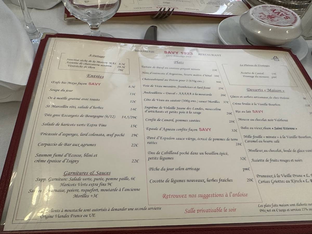 Menu at Chez Savy restaurant, Paris