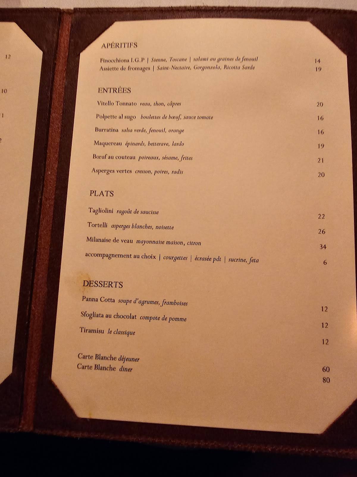 Menu at Racines restaurant, Paris, 8 Pass. des Panoramas