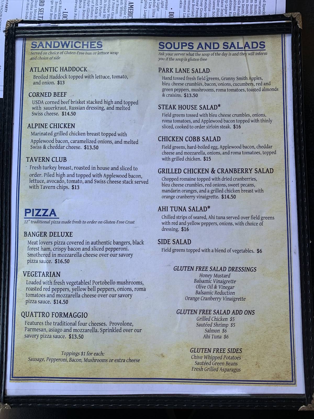 Menu at Park Lane Tavern of Hampton pub & bar, Hampton