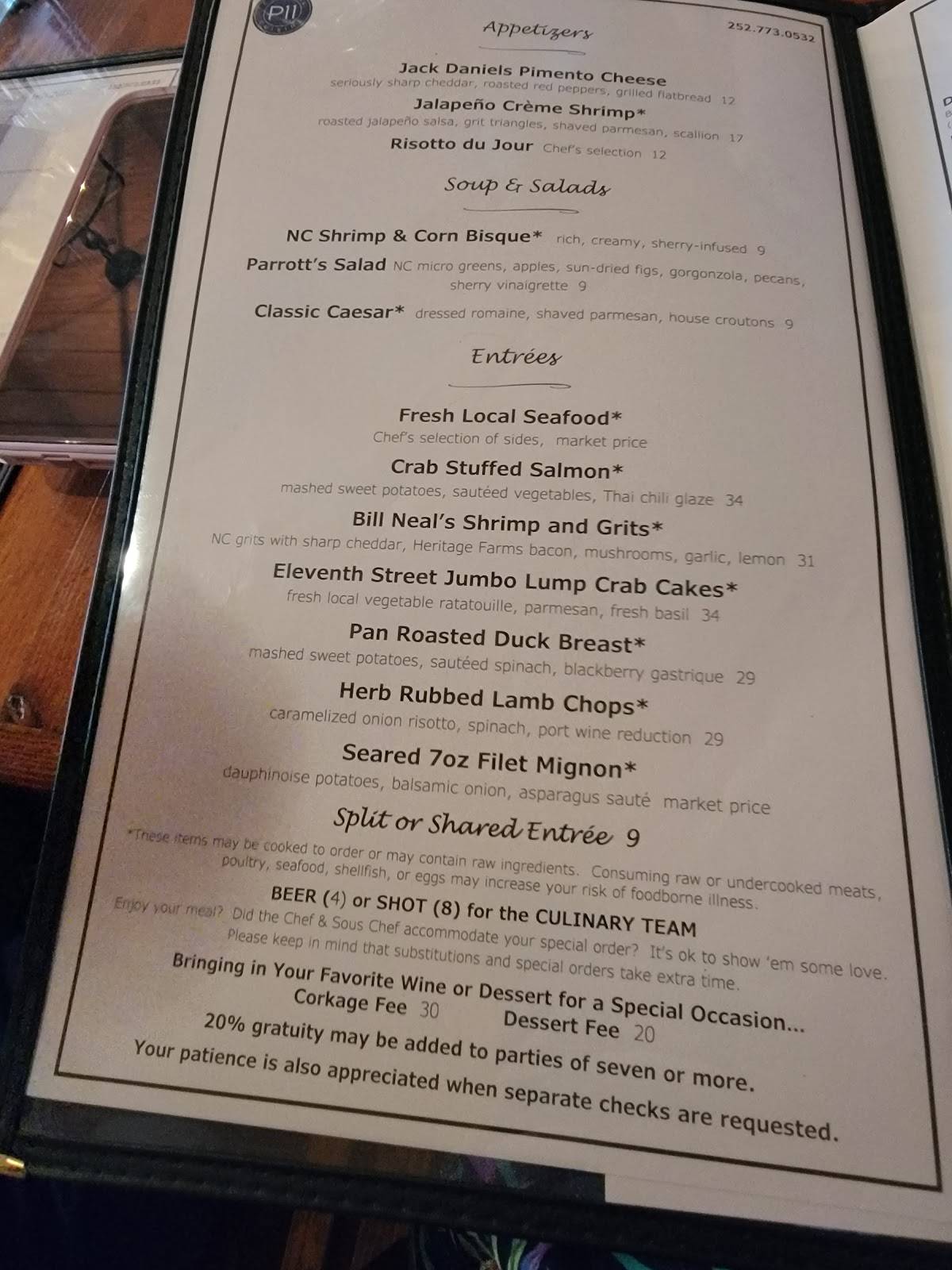 Menu at Parrott's On Eleventh restaurant, Morehead City