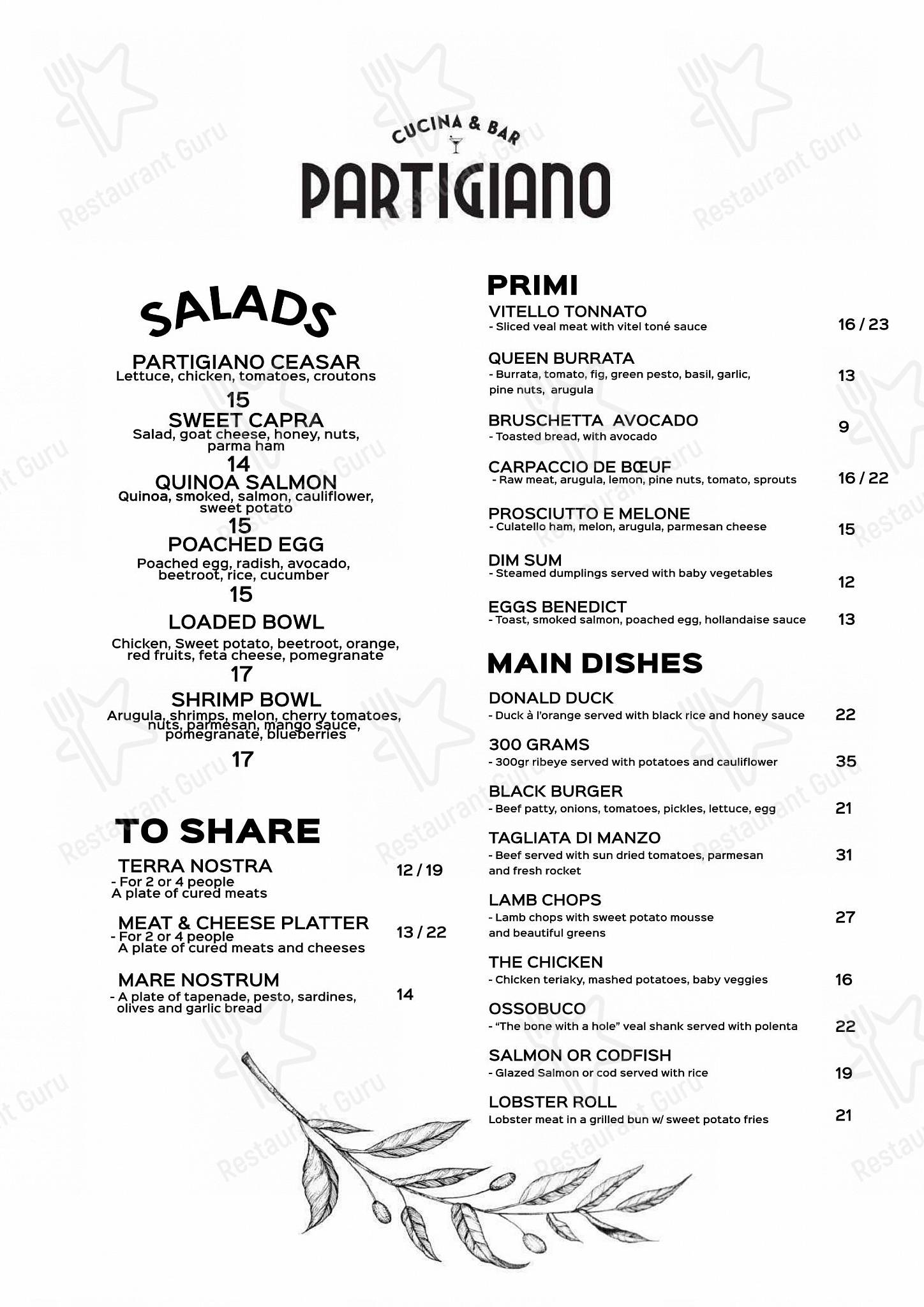 Menu at Partigiano restaurant, Luxembourg City