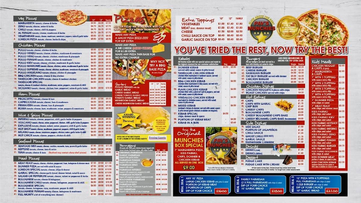 Menu at Pav's Munchies, est.1996 pizzeria, Middlesbrough, Unit 1