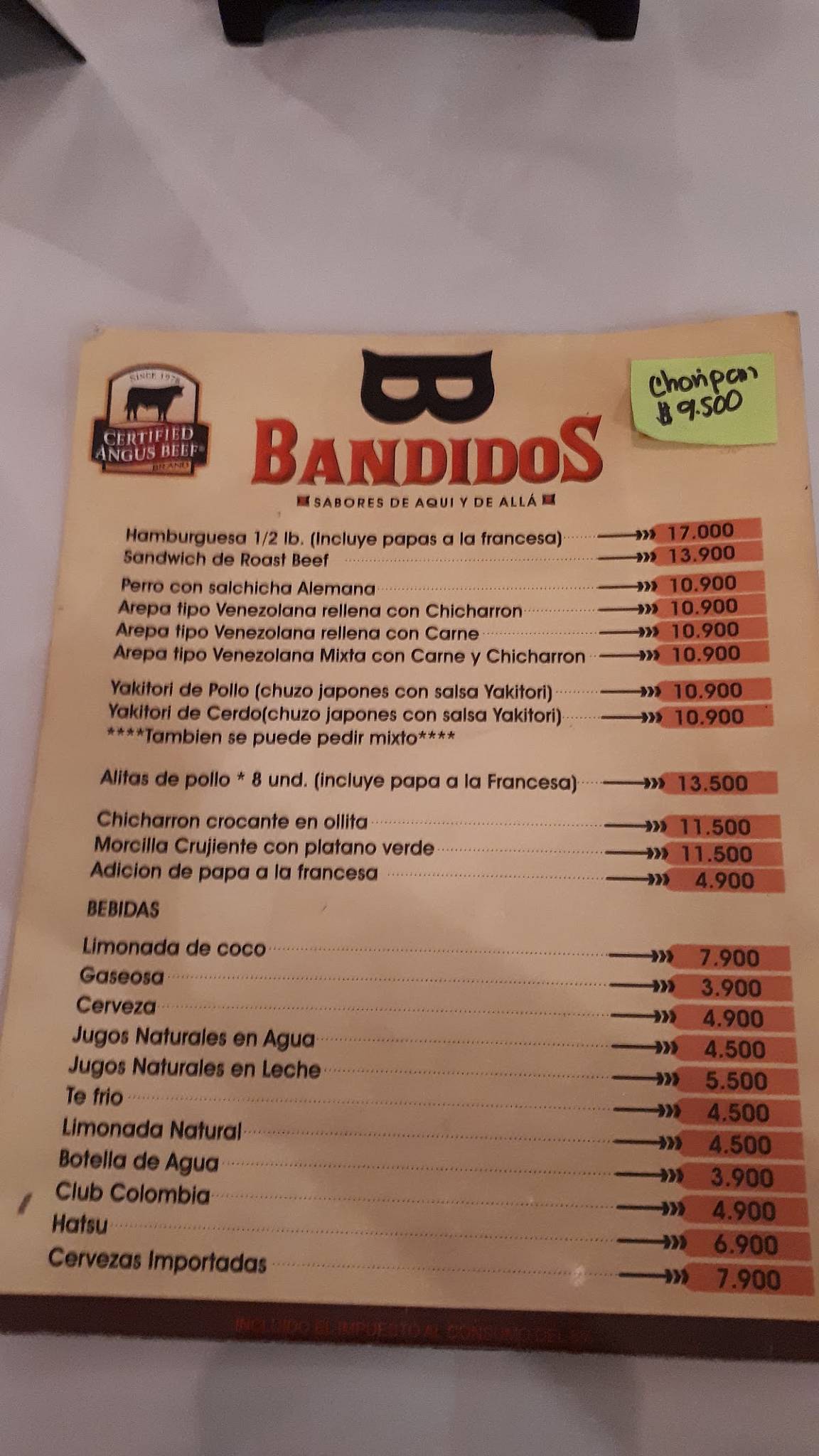 Carta del restaurante Bandidos, Pereira