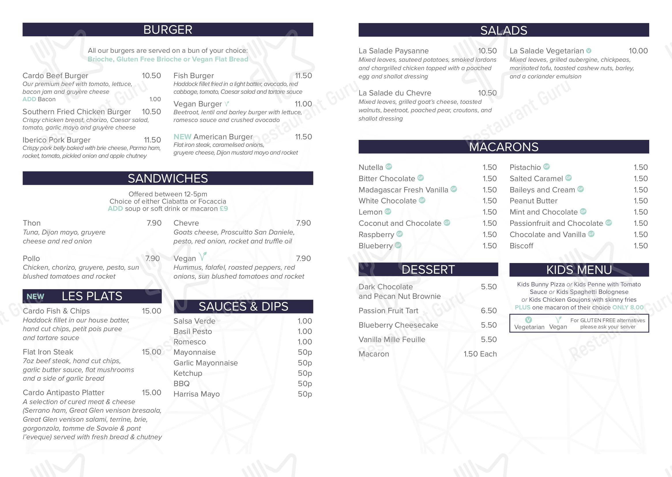 Menu at Cardo restaurant, Perth
