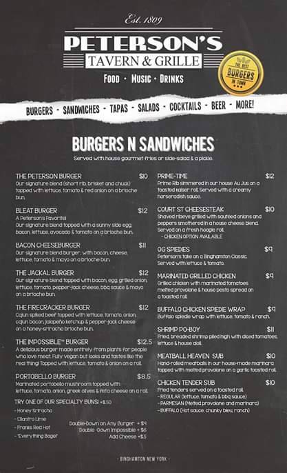 Menu at Peterson's Tavern pub & bar, Binghamton