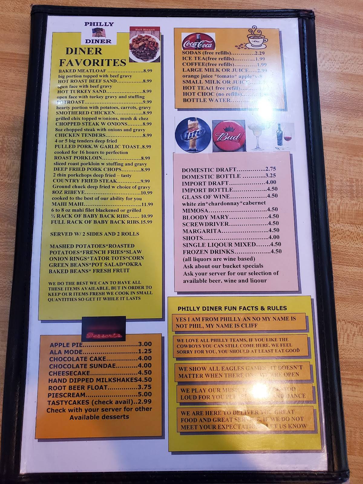 Menu at Philly Diner restaurant, DeLand