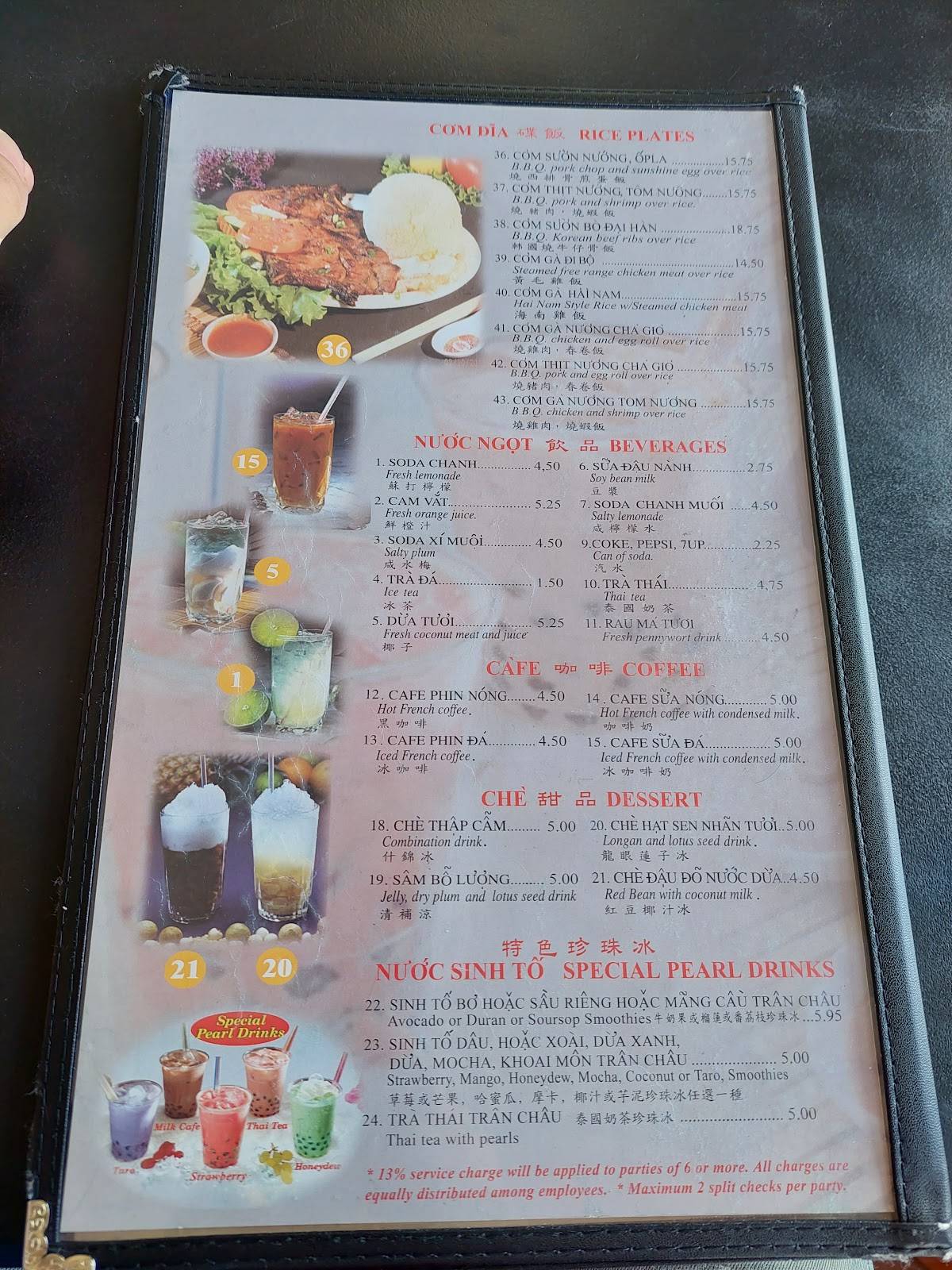 Menu at Pho Kim Long restaurant, San Jose