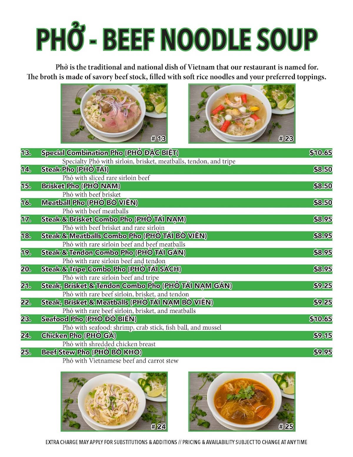 Menu at Pho Quynh Vietnamese Restaurant, Sioux Falls