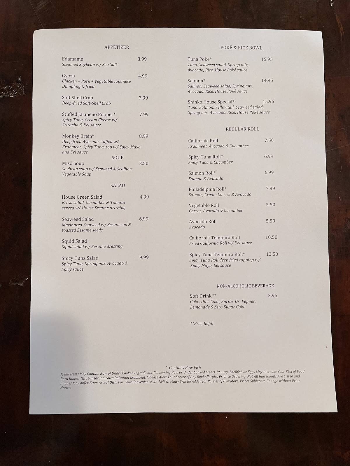 Menu at Shinkō Sushi House restaurant, Phoenix