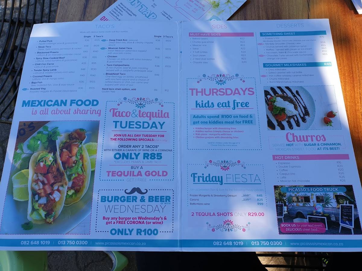 Menu at Picasso's Mexican Taqueria restaurant, White River