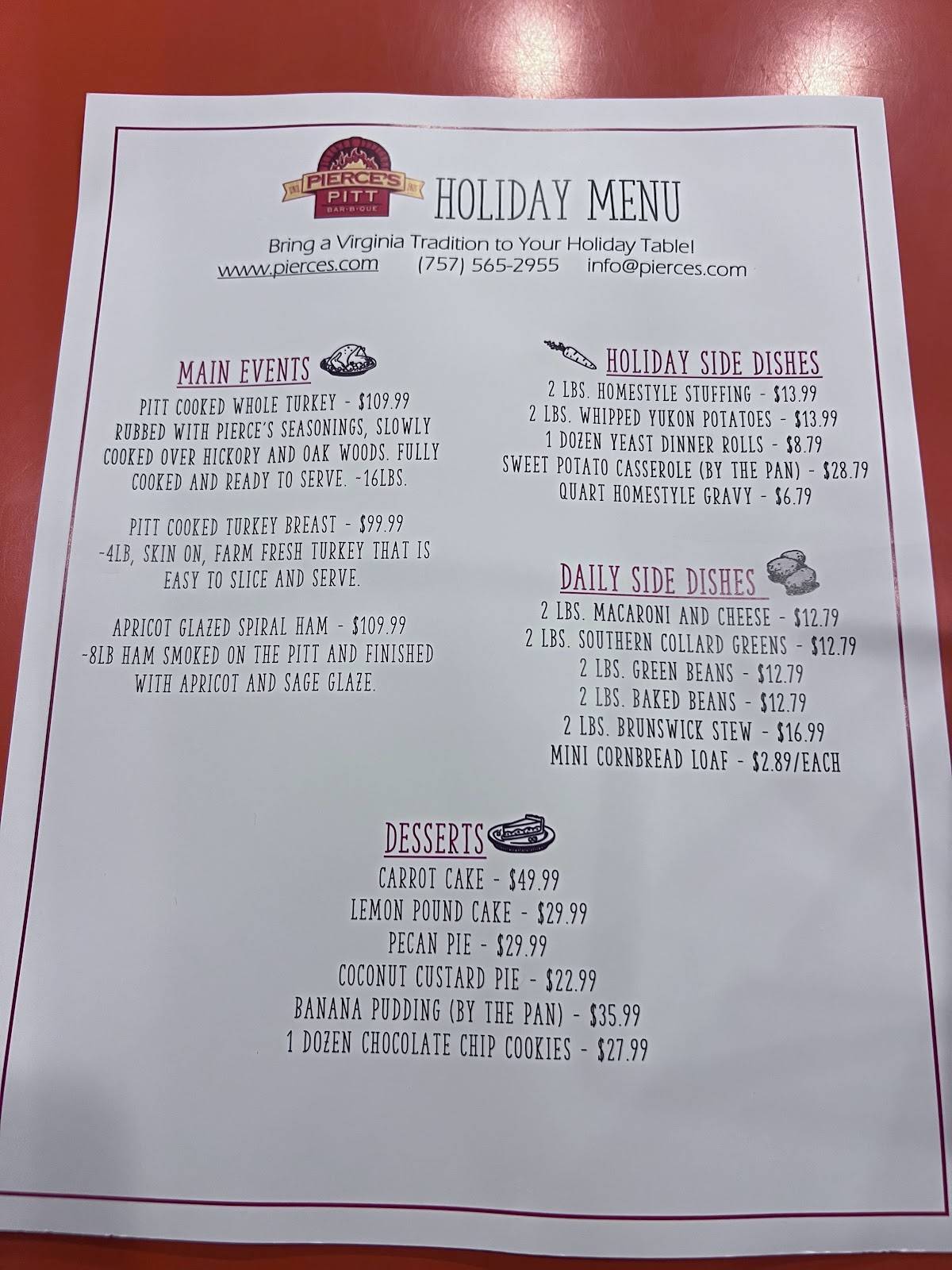 Menu at Pierce's Pitt Bar-B-Que, Williamsburg