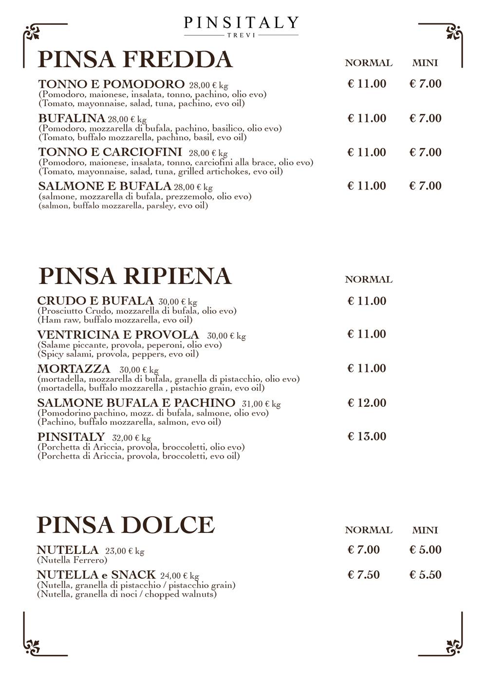 Menu at Pinsitaly Trevi pizzeria, Rome, Via della Panetteria