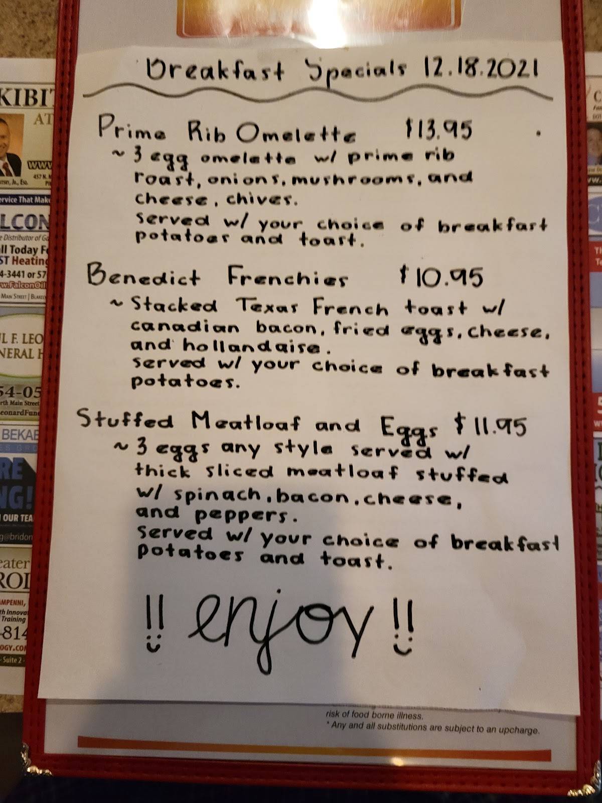 Menu at Pittston Diner restaurant, Pittston, 335 Laurel St