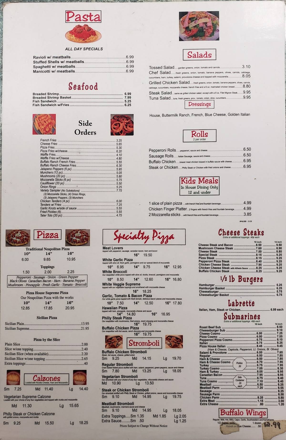 Menu at Pizza House pizzeria, Lock Haven, 120 Woodward Ave