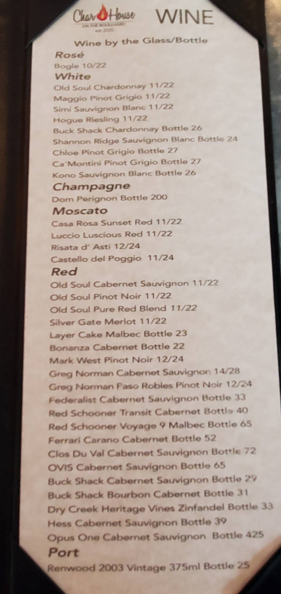 Menu at Char House on the Boulevard pizzeria, Wheeling