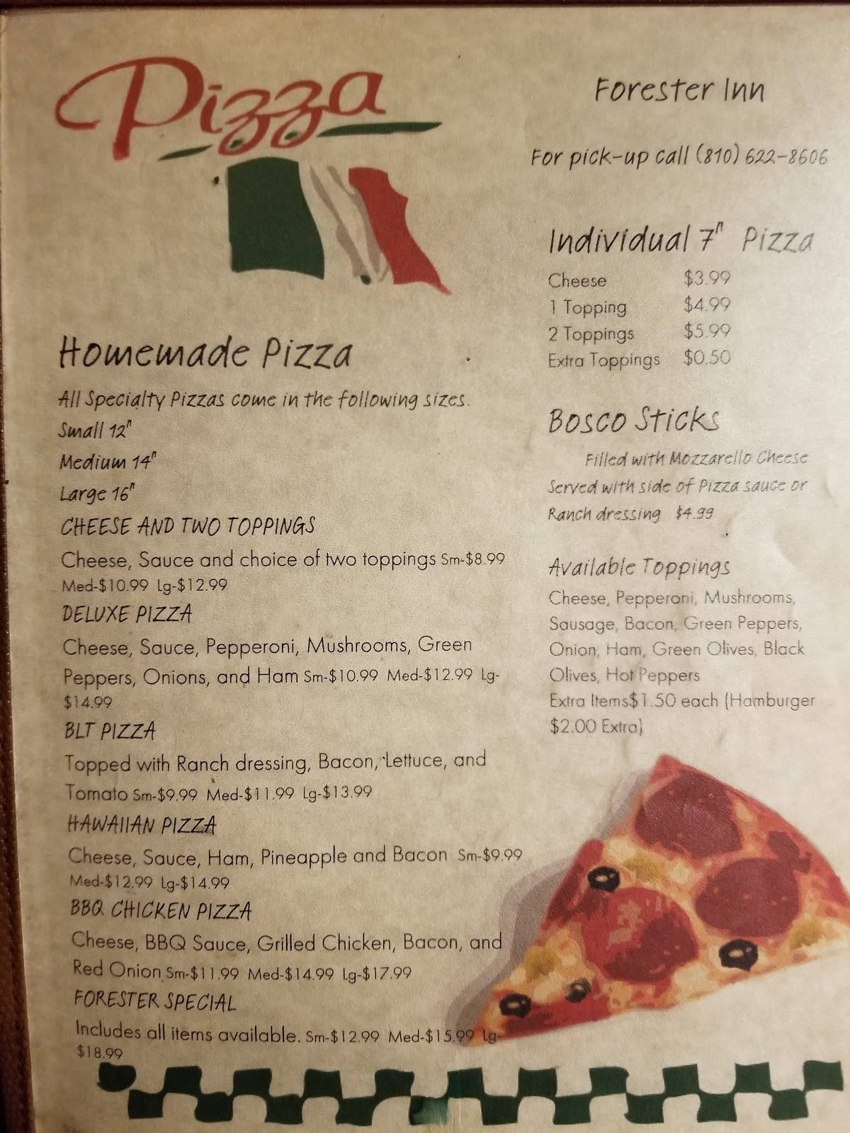 Menu at Forester Inn pizzeria, Forester