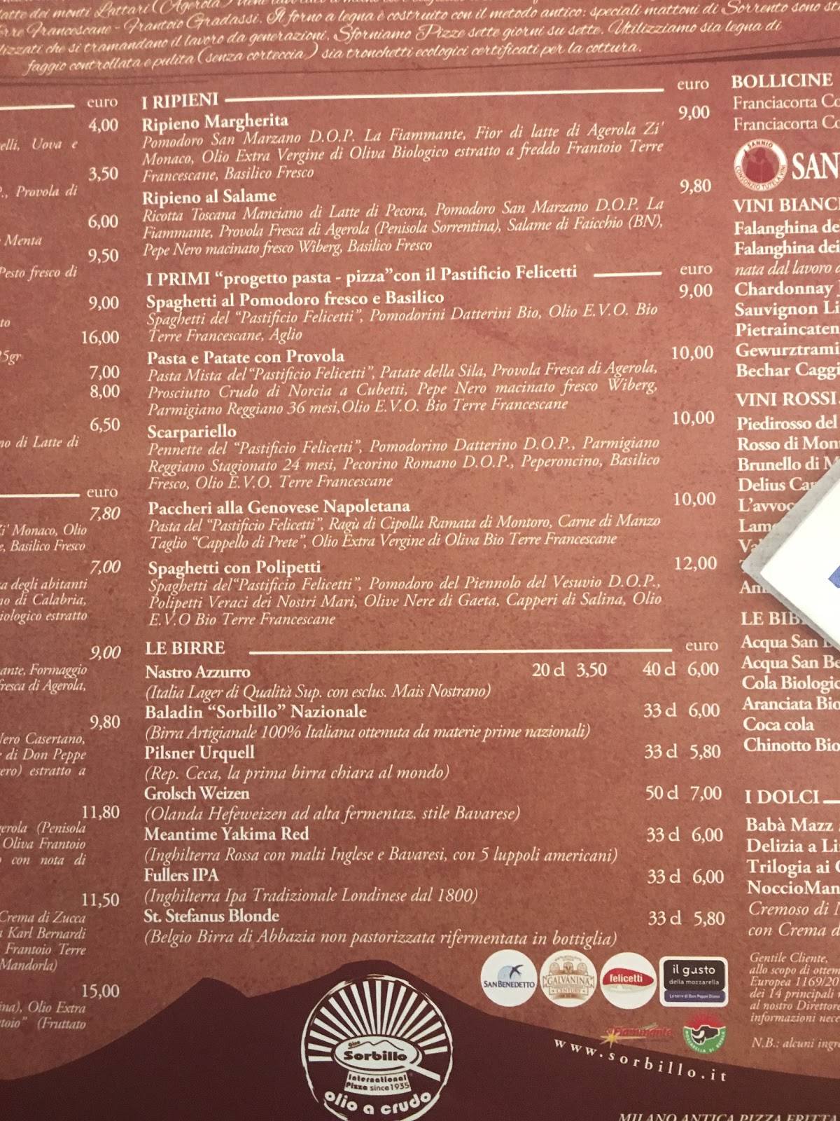 Menu da Gino Sorbillo pizzeria, Milano, Via Montevideo 4