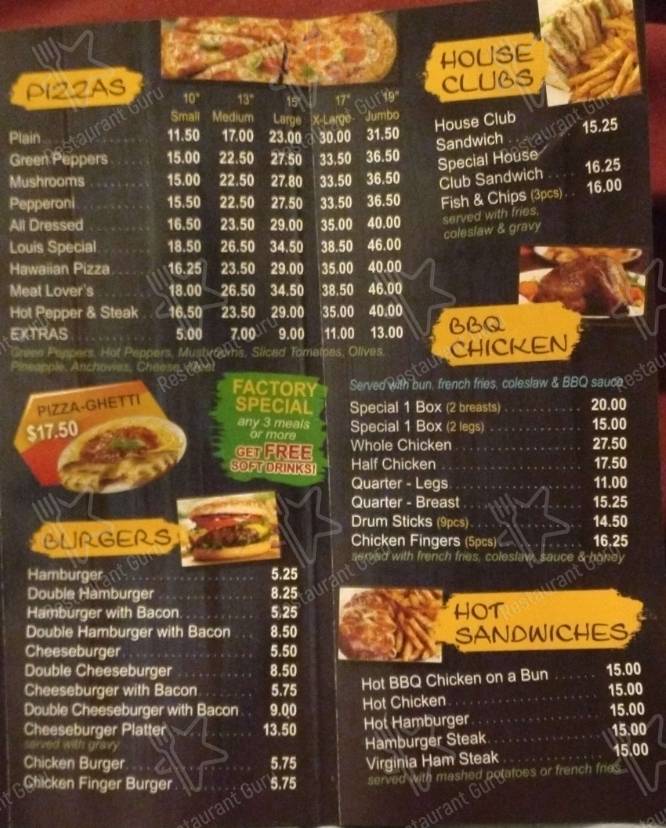 Menu at Louis' Pizzeria, Cornwall