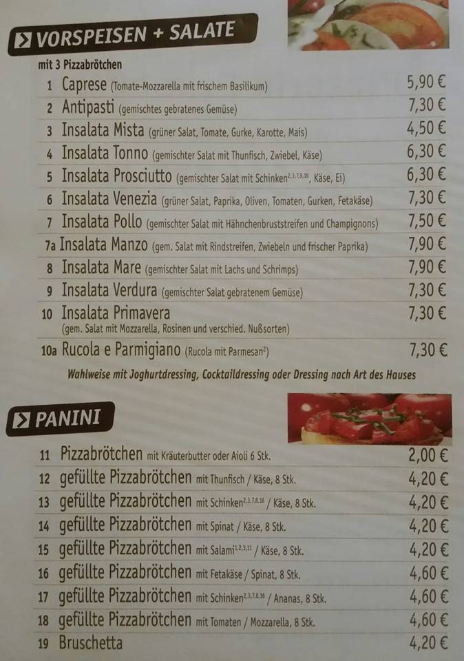 Menu at Pizzeria Primavera, Düsseldorf