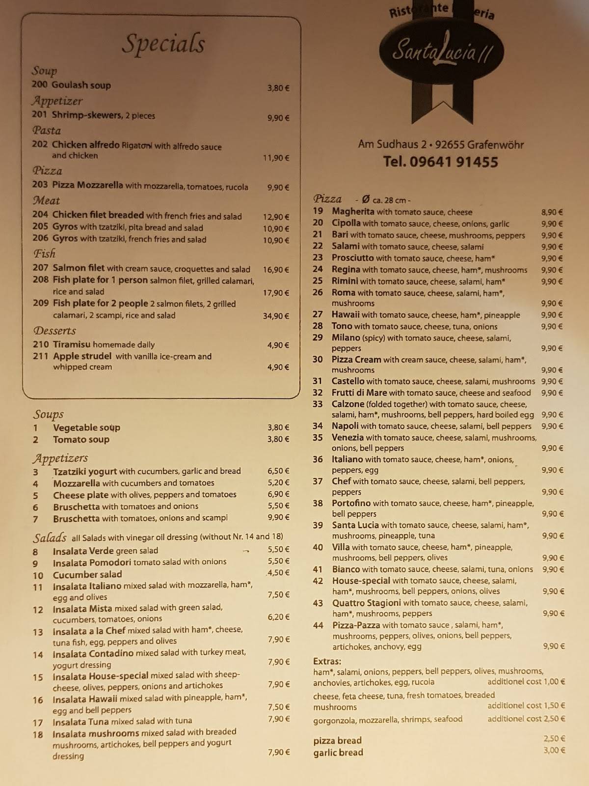 Menu at Pizzeria Santa Lucia II, Grafenwöhr