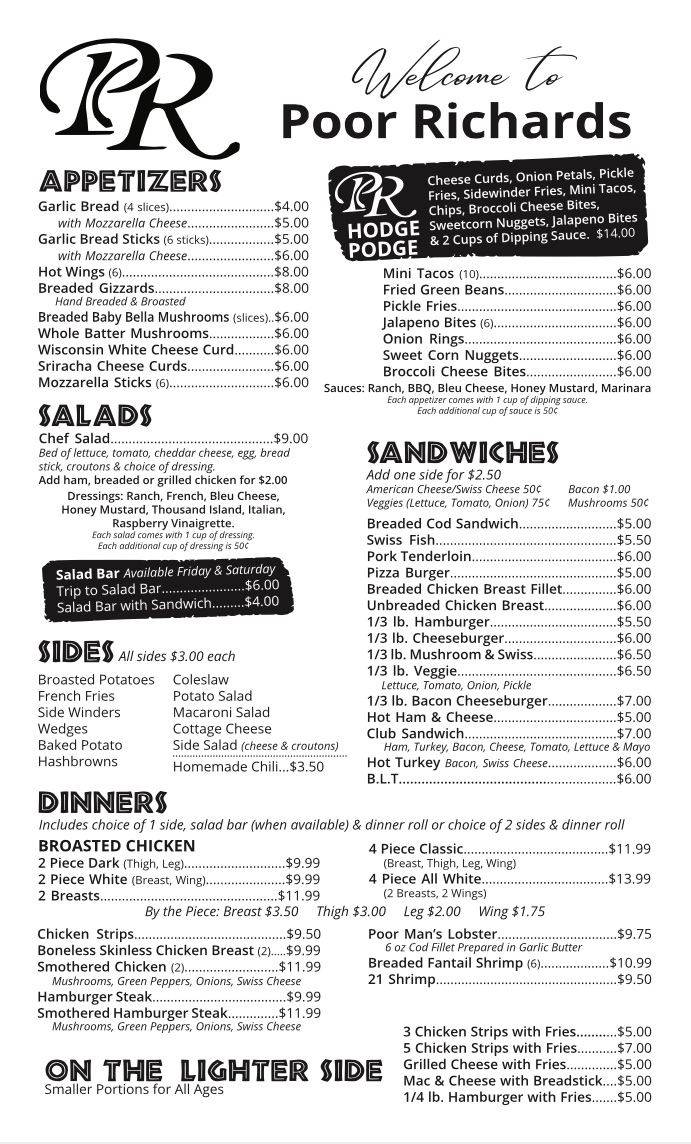 Menu at Poor Richard's Restaurant, New Hampton