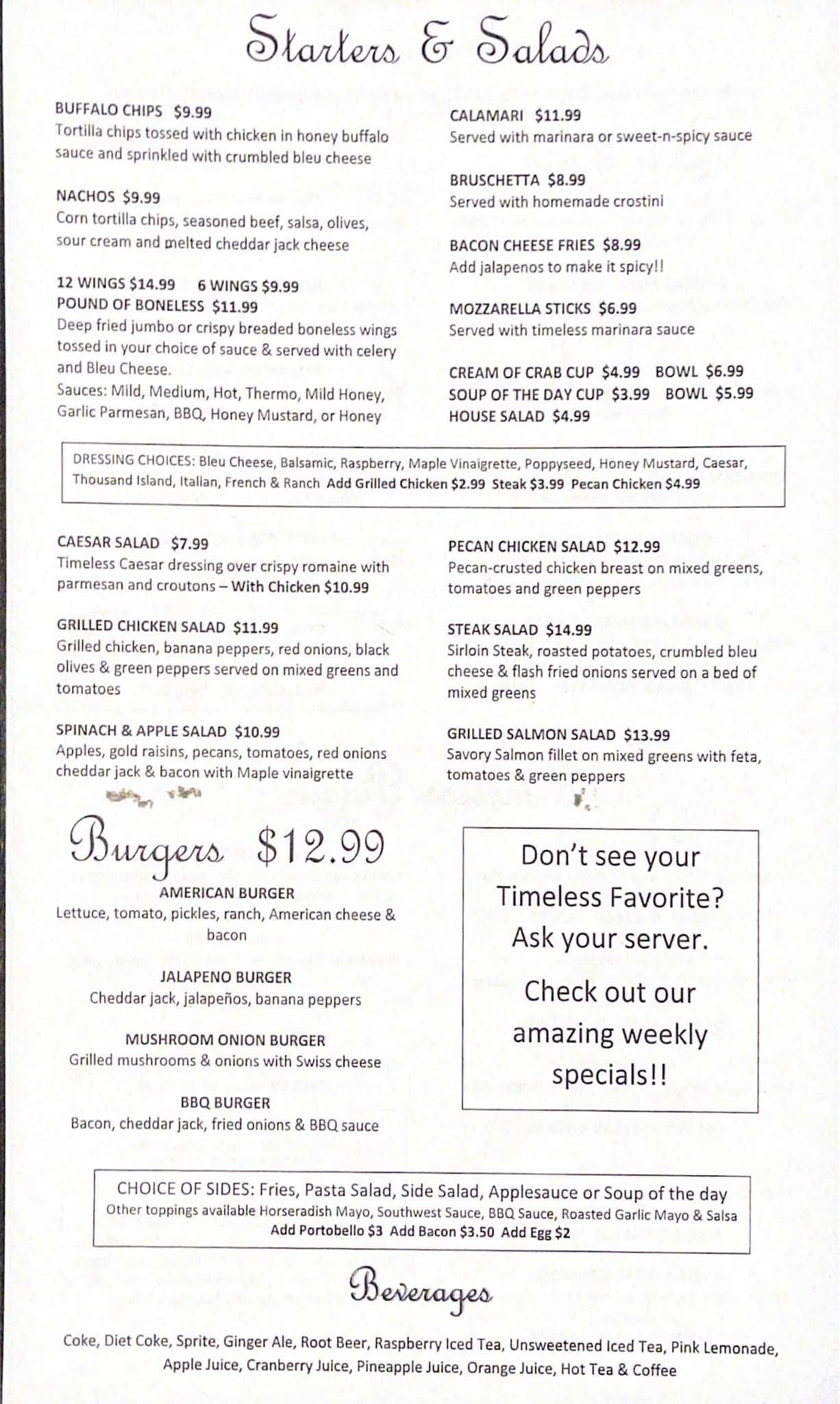 Menu at Timeless Destination pizzeria, Wellsboro