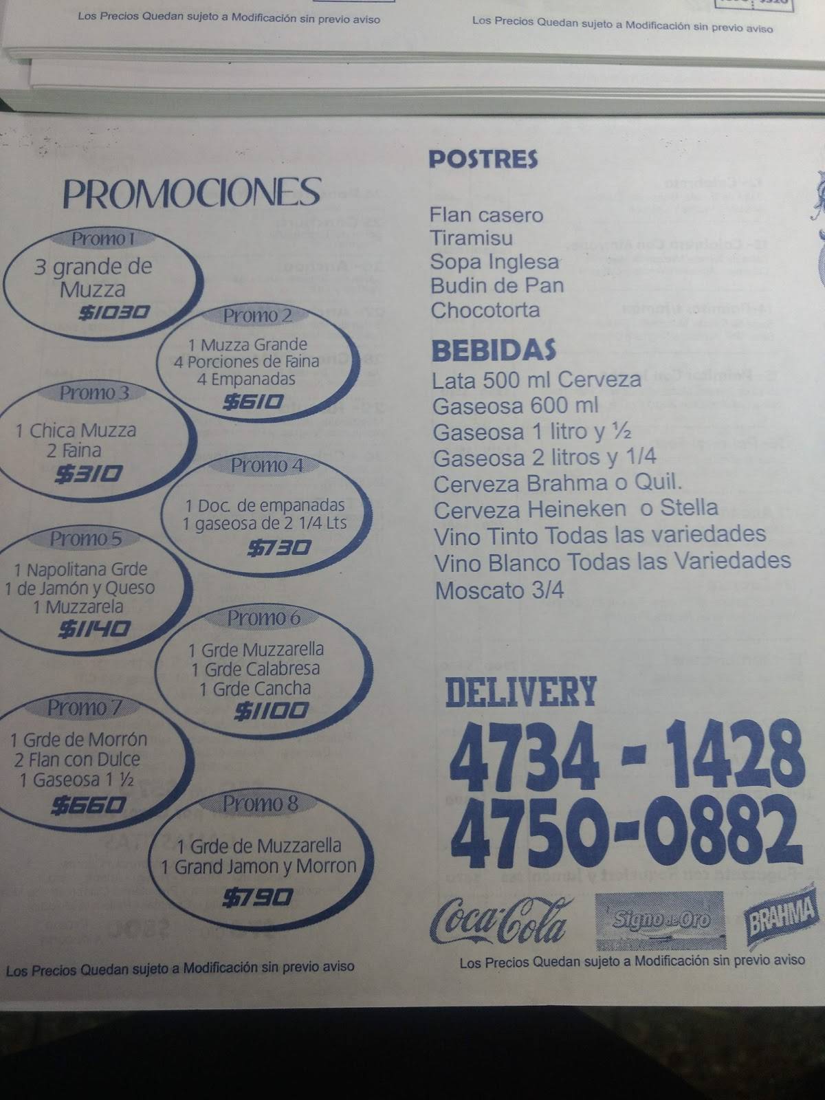 Carta de Pizzeria Tio Felipe, Caseros