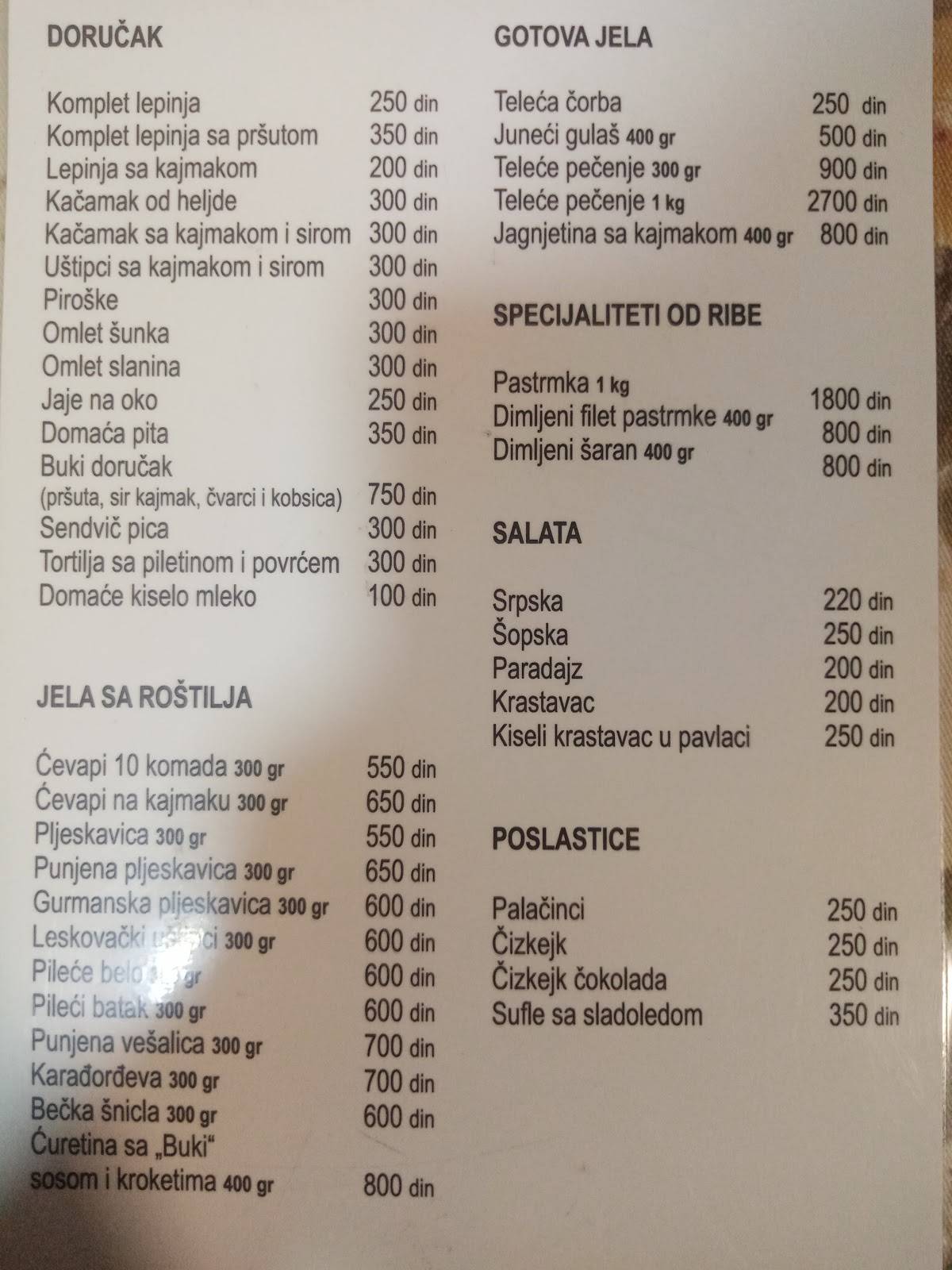 Speisekarte von Planinski Restoran restaurant, Zlatibor