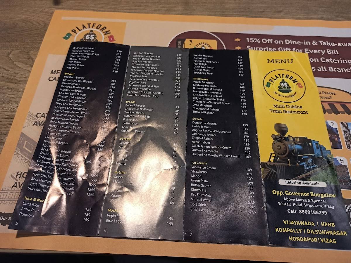Menu at Platform65 The Train Theme Restaurant - Vizag, Visakhapatnam