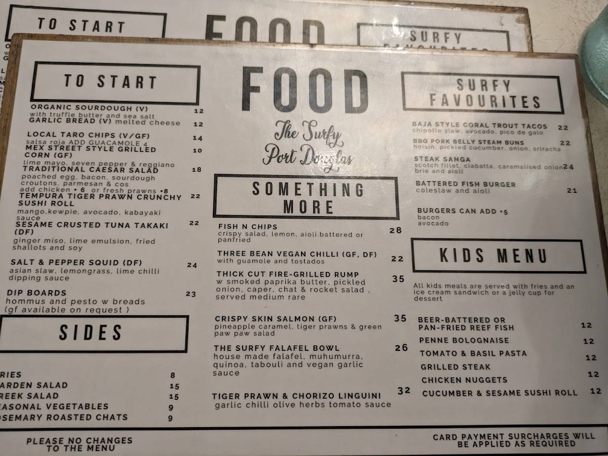 Menu at The Surfy pub & bar, Port Douglas, Mowbray St