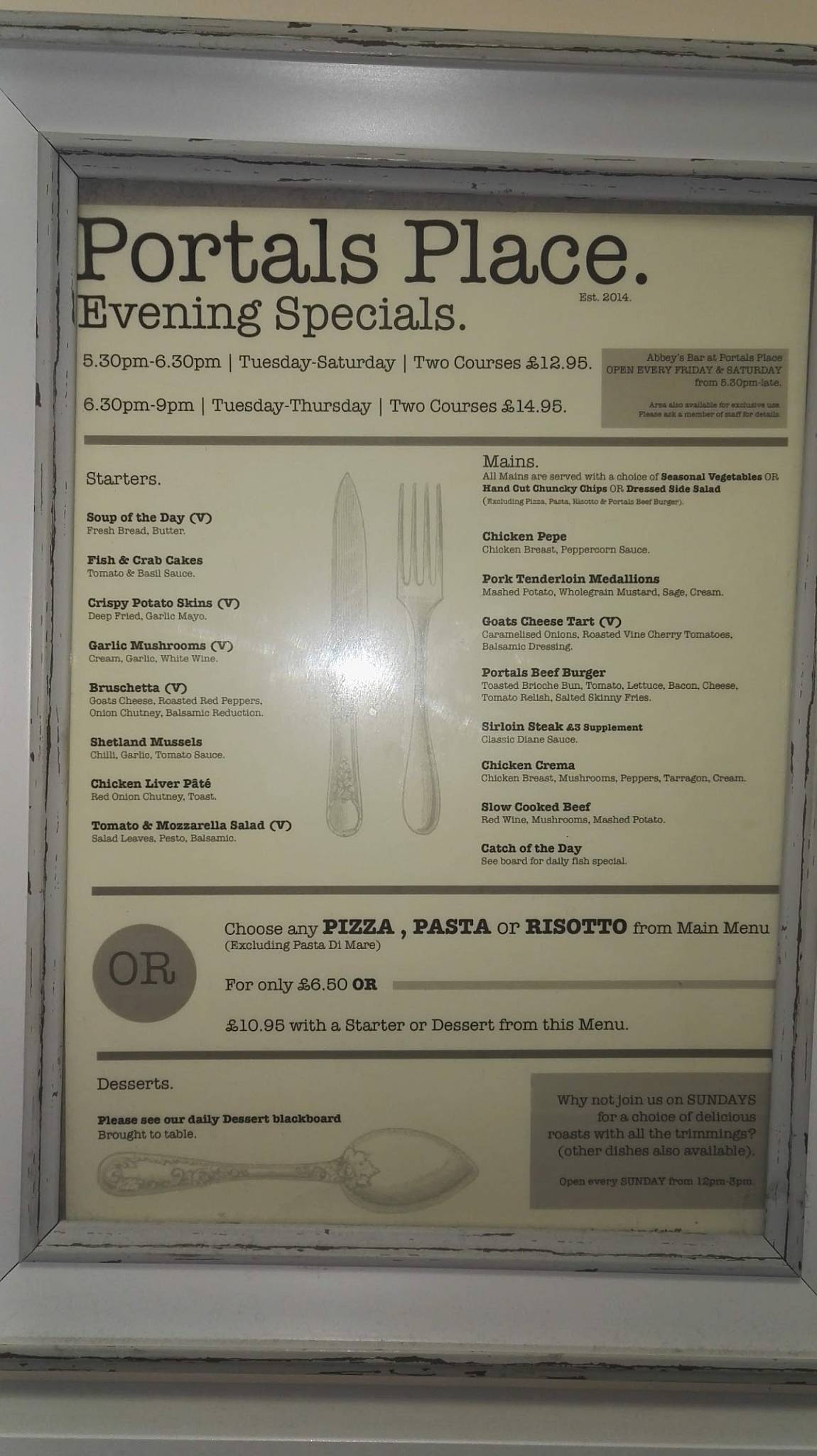Menu at Portals Place restaurant, Hartlepool, Neptune House