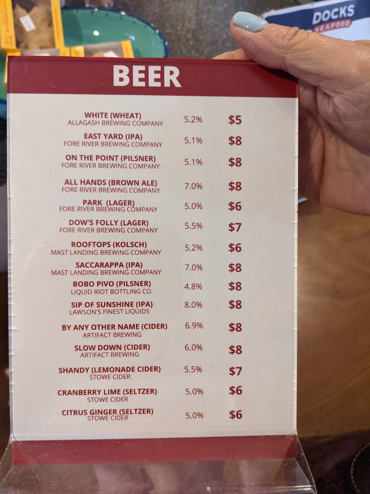 Menu at Docks Seafood restaurant, South Portland