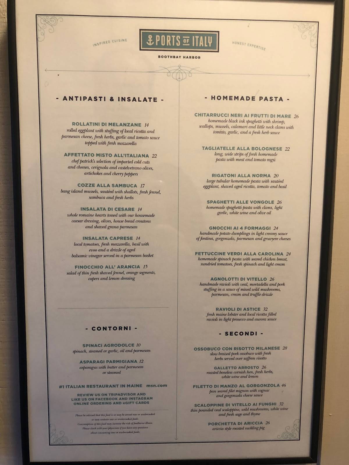 Menu at Ports of Italy, Boothbay Harbor restaurant, Boothbay Harbor