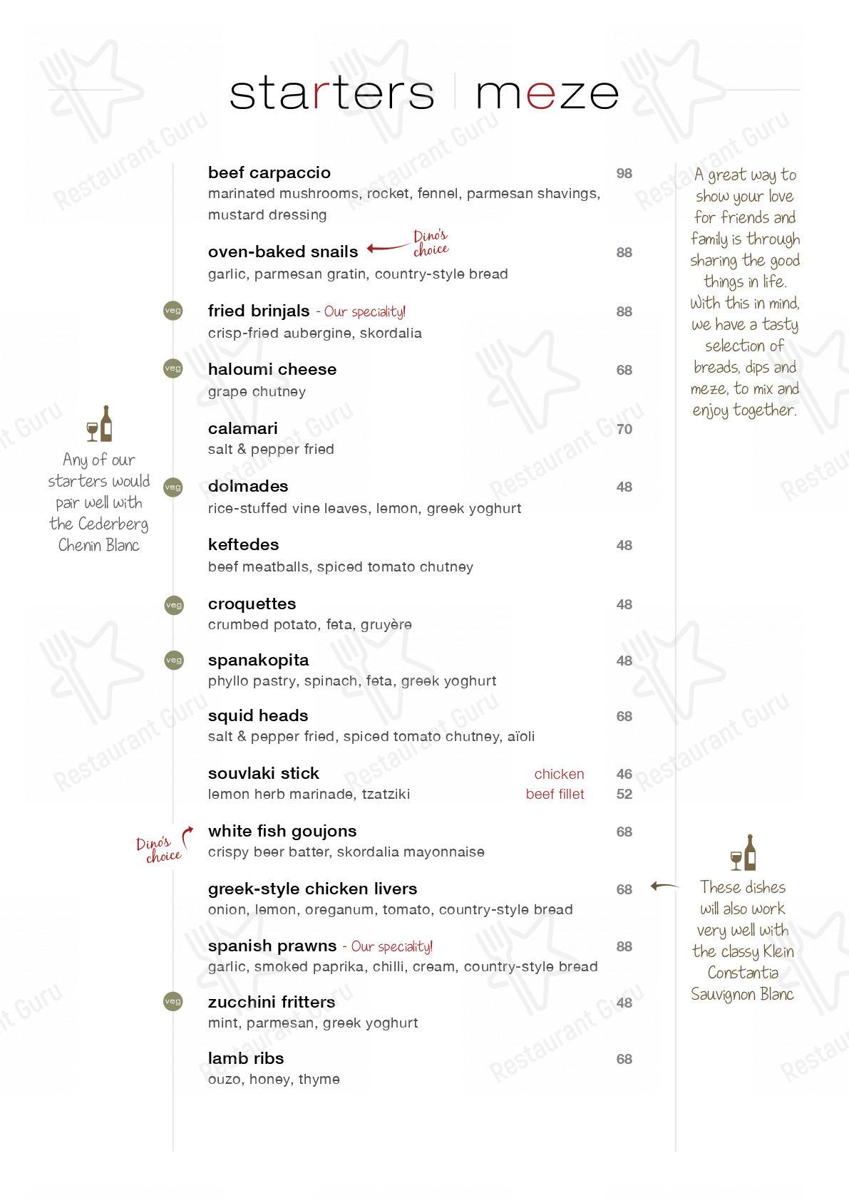 Speisekarte von Prosopa Restaurant, Pretoria
