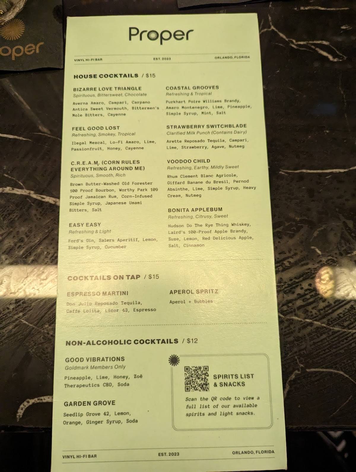Menu at Proper Orlando pub & bar, Orlando