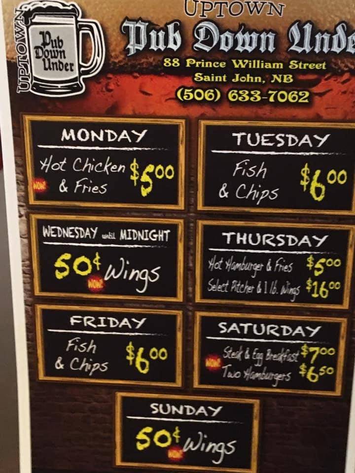 Menu at Pub Down Under, Saint John, 400 Main St