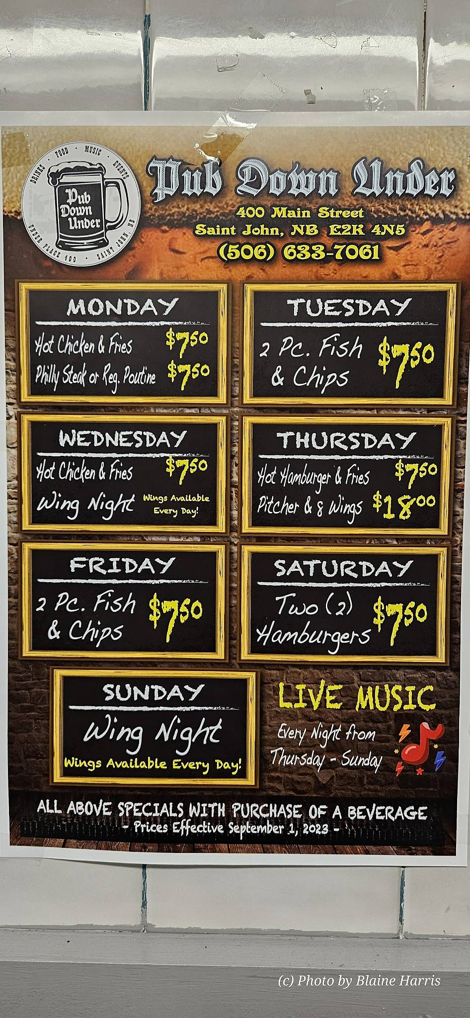 Menu at Pub Down Under, Saint John, 400 Main St