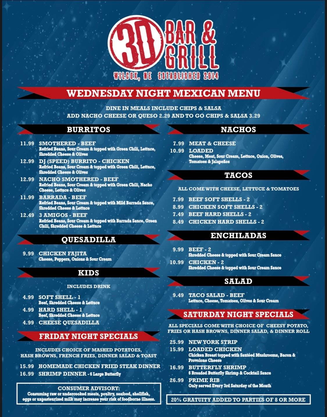 Menu at 3D Bar and Grill, Wilcox