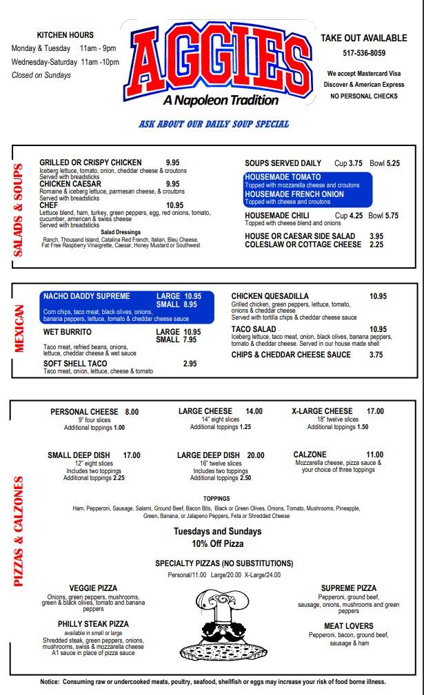 Menu at Aggie's Sports Bar & Average Joes, Napoleon