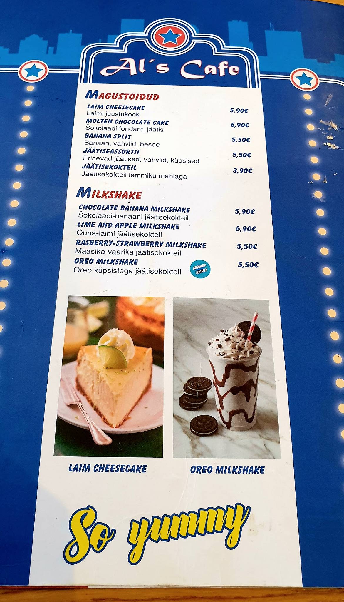 Menu at Al's Cafe, Tallinn